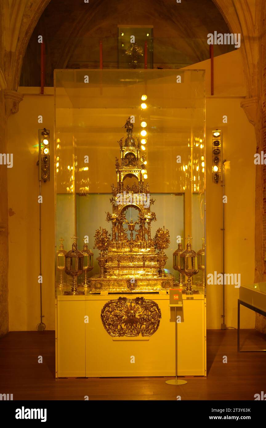 Murcia Cathedral, Spain. Full length view of a religious golden object ...