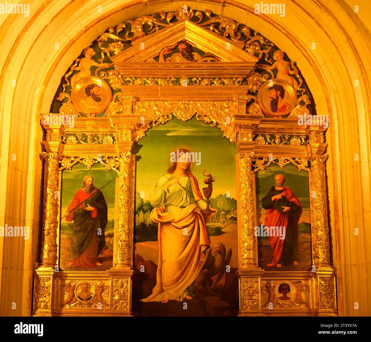 Murcia Cathedral, Spain. Painting art of religious figures in a gold ...