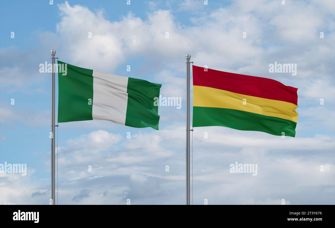 Bolivia and Nigeria flags waving together on blue cloudy sky, two ...