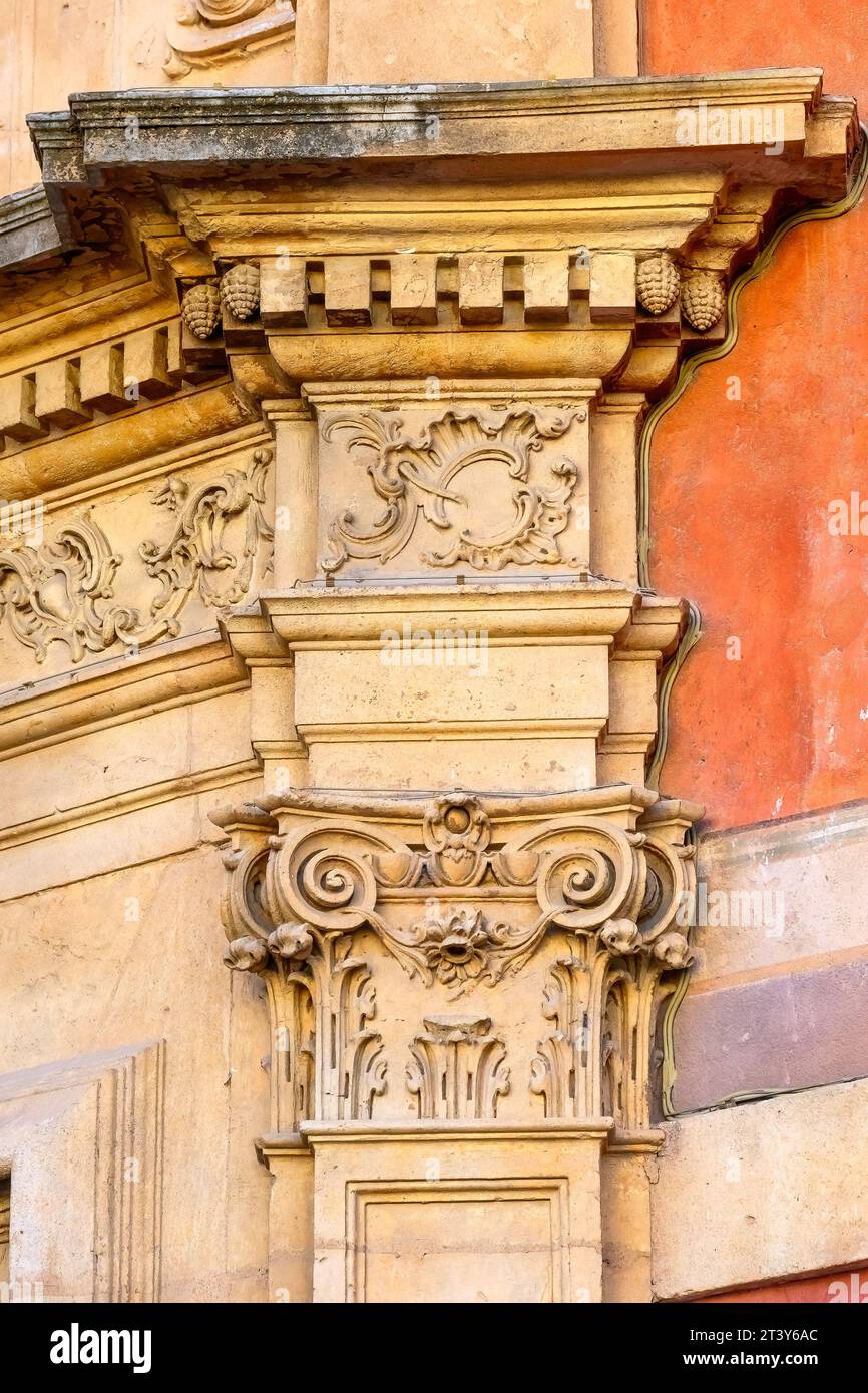 Architectural feature or detail in ancient stone column. The intricate ...