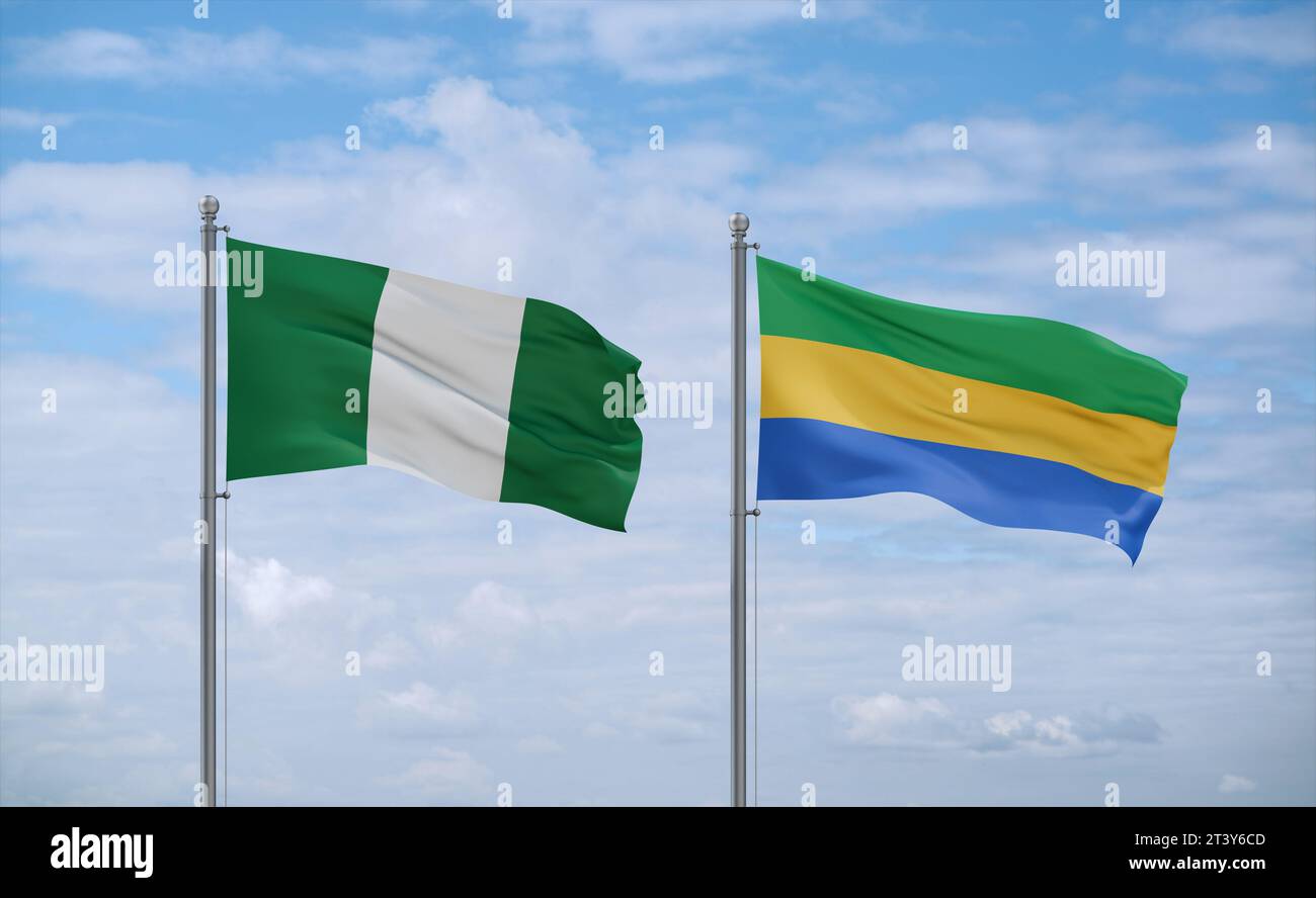 Gabon and Nigeria flags waving together on blue cloudy sky, two country ...