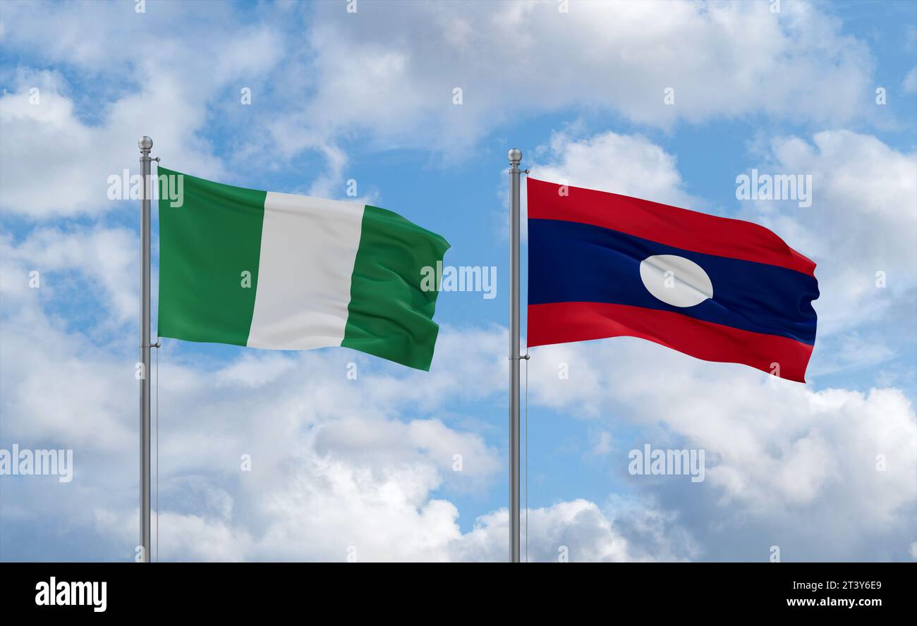 Laos and Nigeria flags waving together on blue cloudy sky, two country relationship concept ...