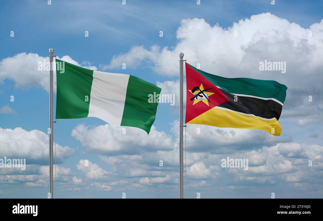 Mozambique and Nigeria flags waving together in the wind on blue cloudy ...