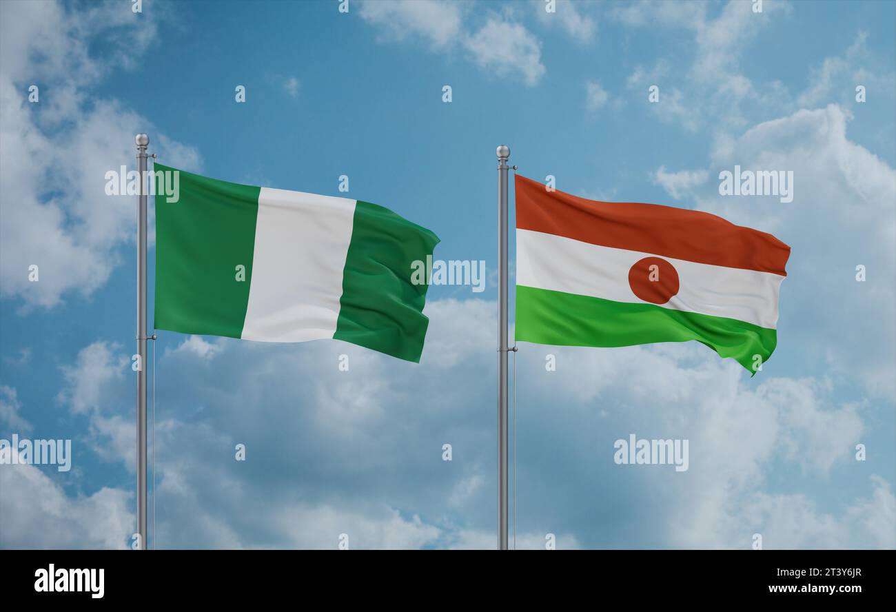 Niger and Nigeria flags waving together on blue cloudy sky, two country ...
