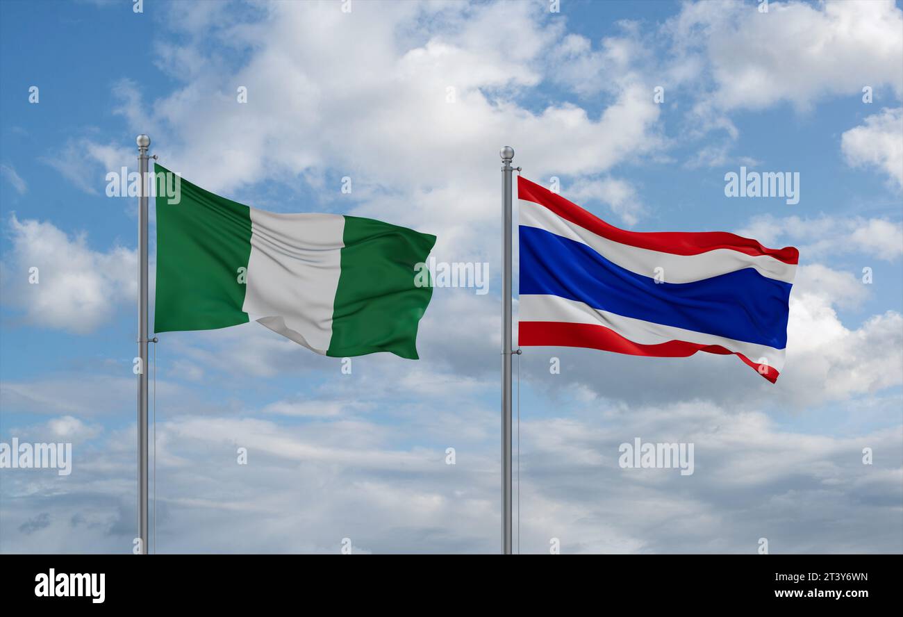 Kingdom of Thailand and Nigeria flags waving together in the wind on ...