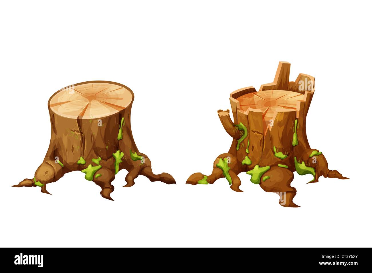 Wooden stump forest tree trunk with roots, moss, cut section in cartoon ...