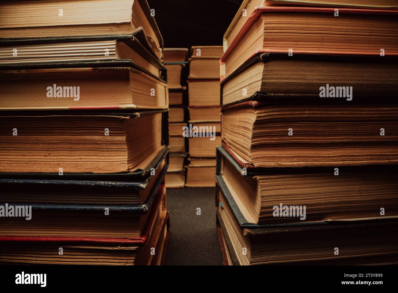 Library stack of old books. Rows in antique shop, bookstore. Vintage ...