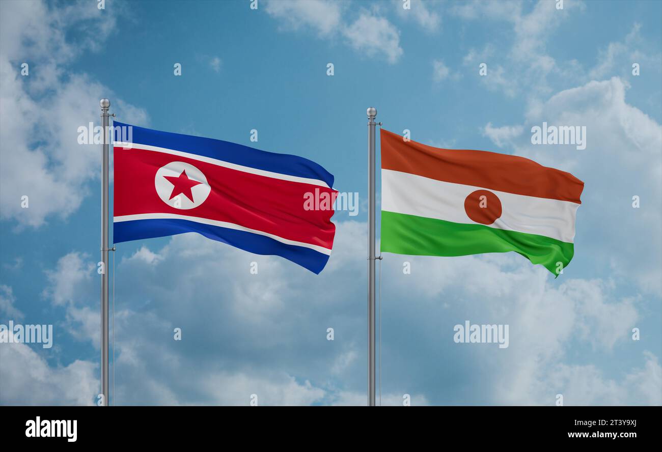 Niger and North Korea flags waving together on blue cloudy sky, two ...