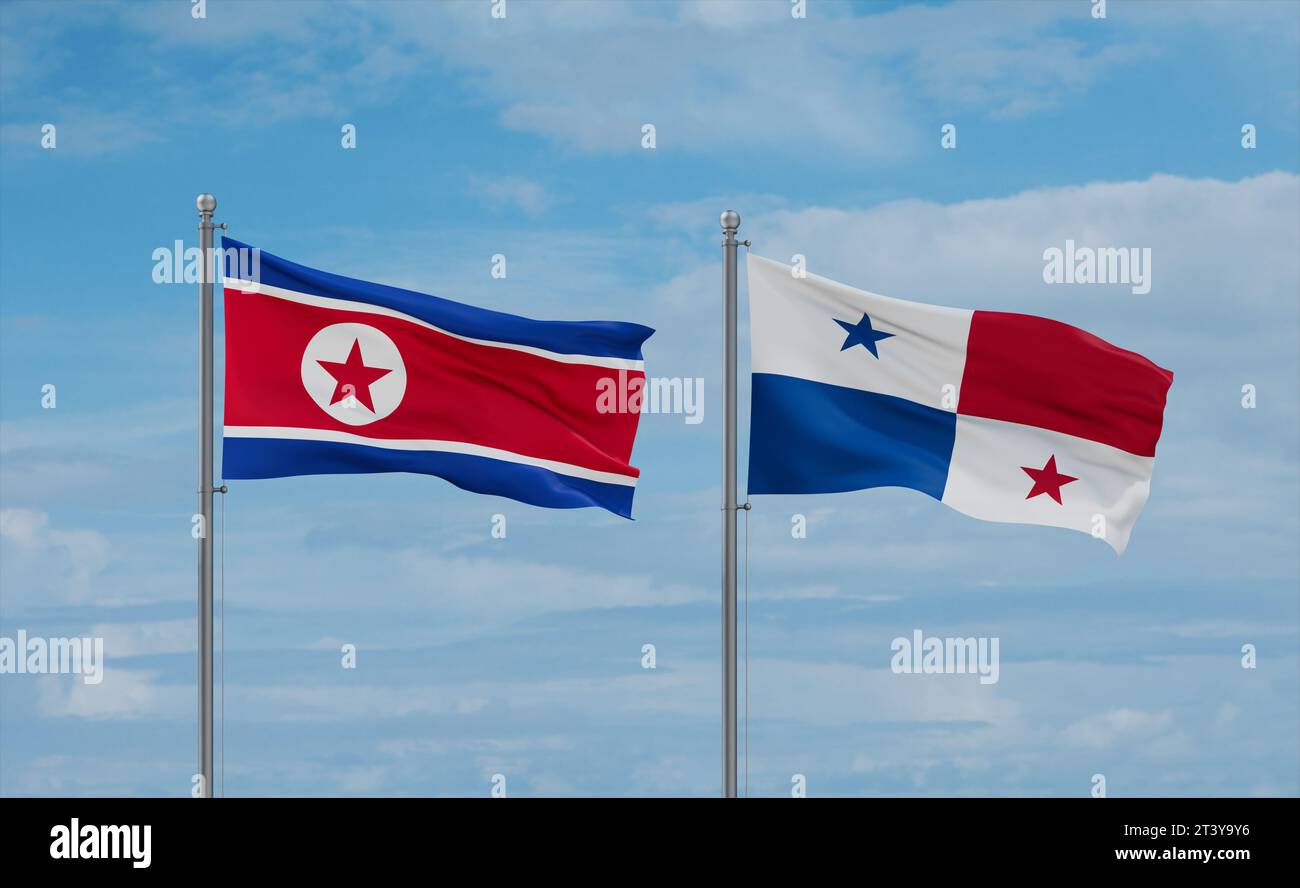 Panama and North Korea flags waving together on blue cloudy sky, two country relationship ...