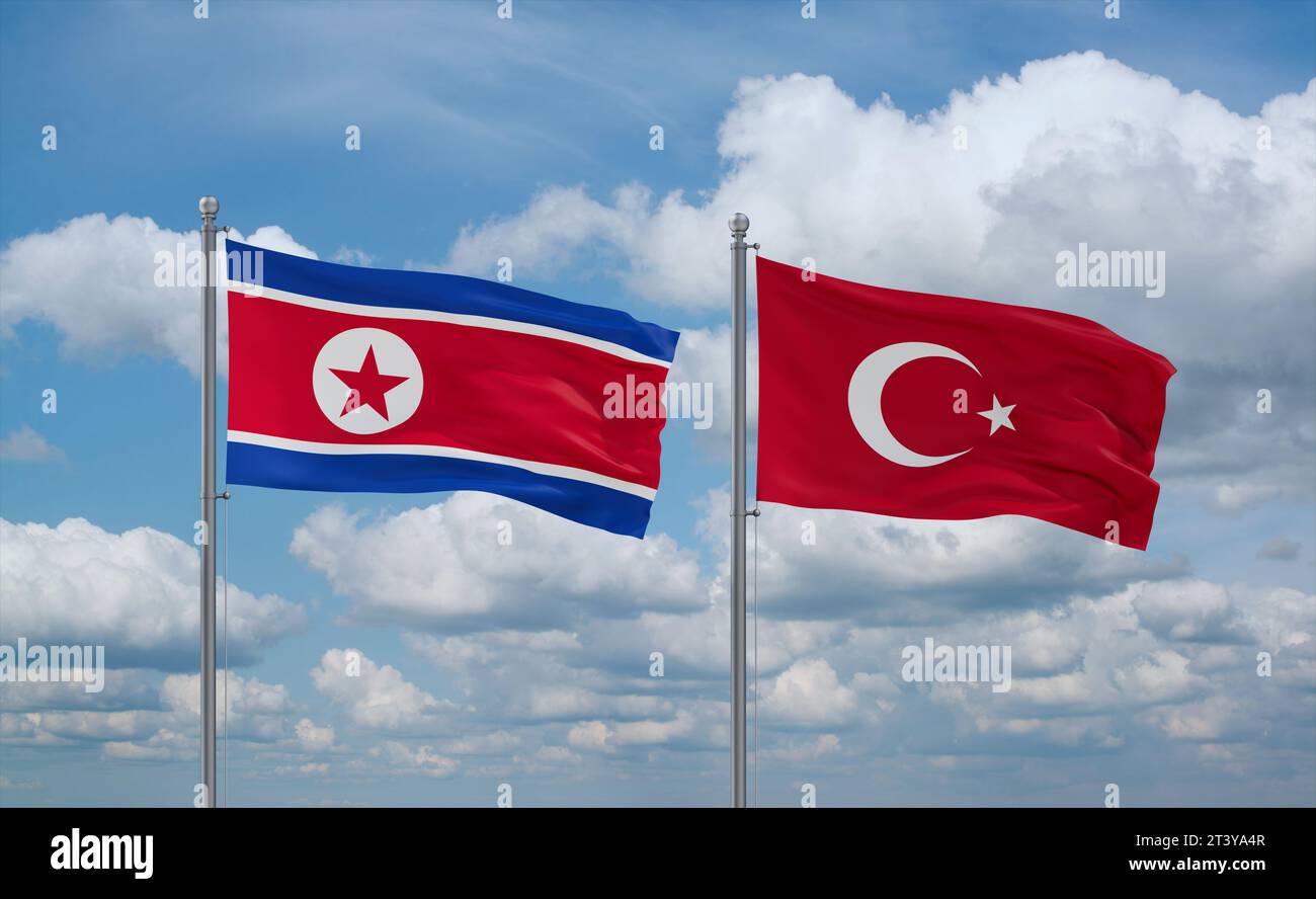 Republic of Turkey and North Korea flags waving together in the wind on ...