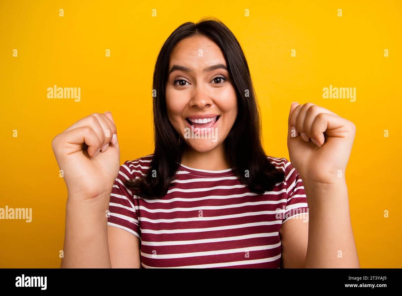 Portrait Of Overjoyed Woman With Straight Hairdo Dressed Stylish T