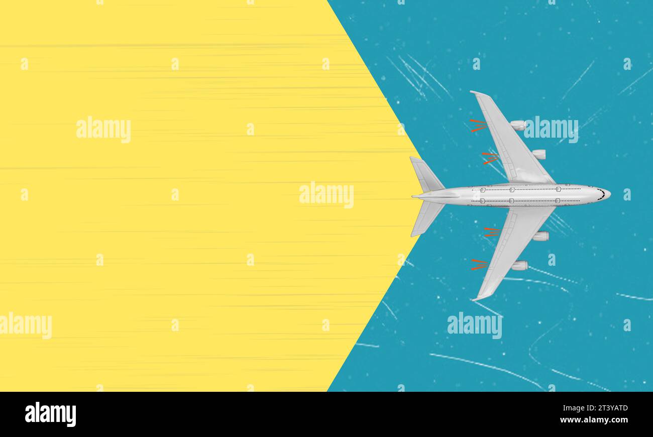 Modern art collage featuring a flying airplane and yellow background ...