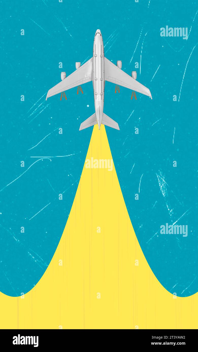 Modern art collage featuring a flying airplane and yellow background ...