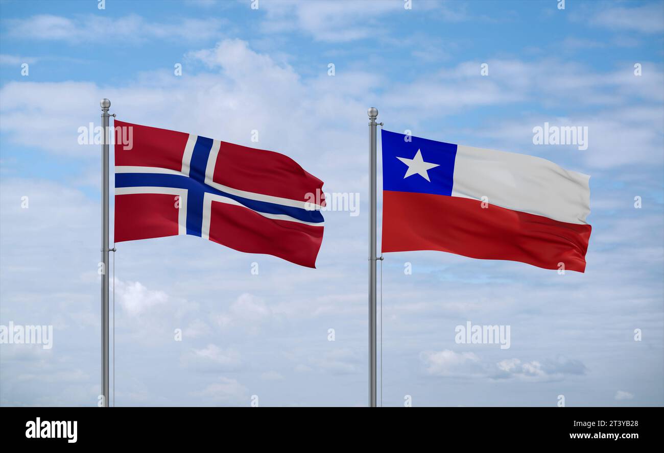 Chile and Norway flags waving together on blue cloudy sky, two country ...