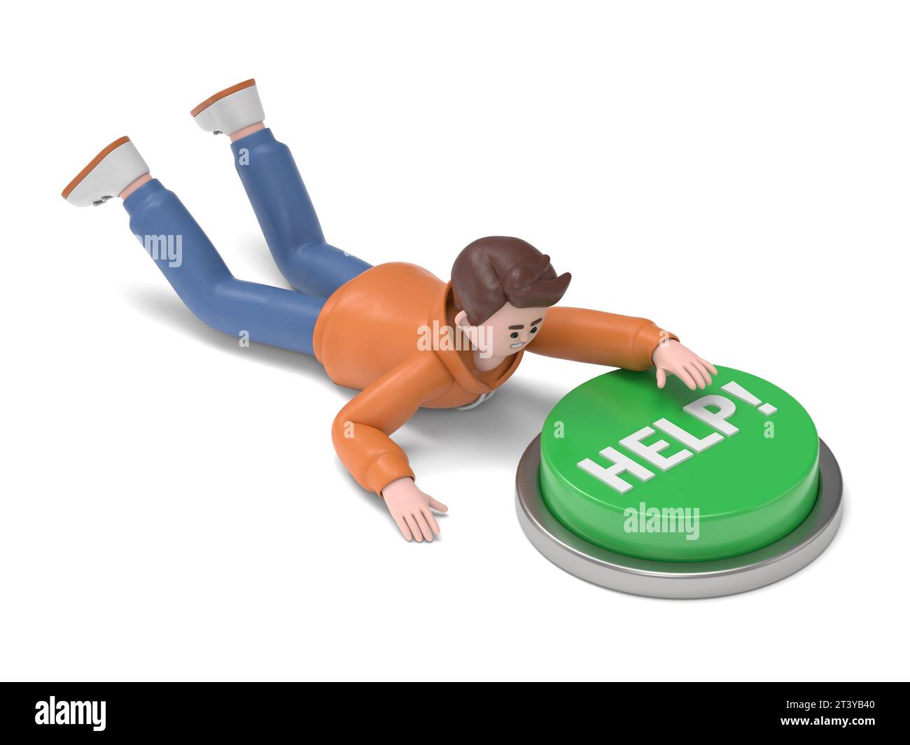 3D illustration of male guy Qadir crawling to the help button.3D ...