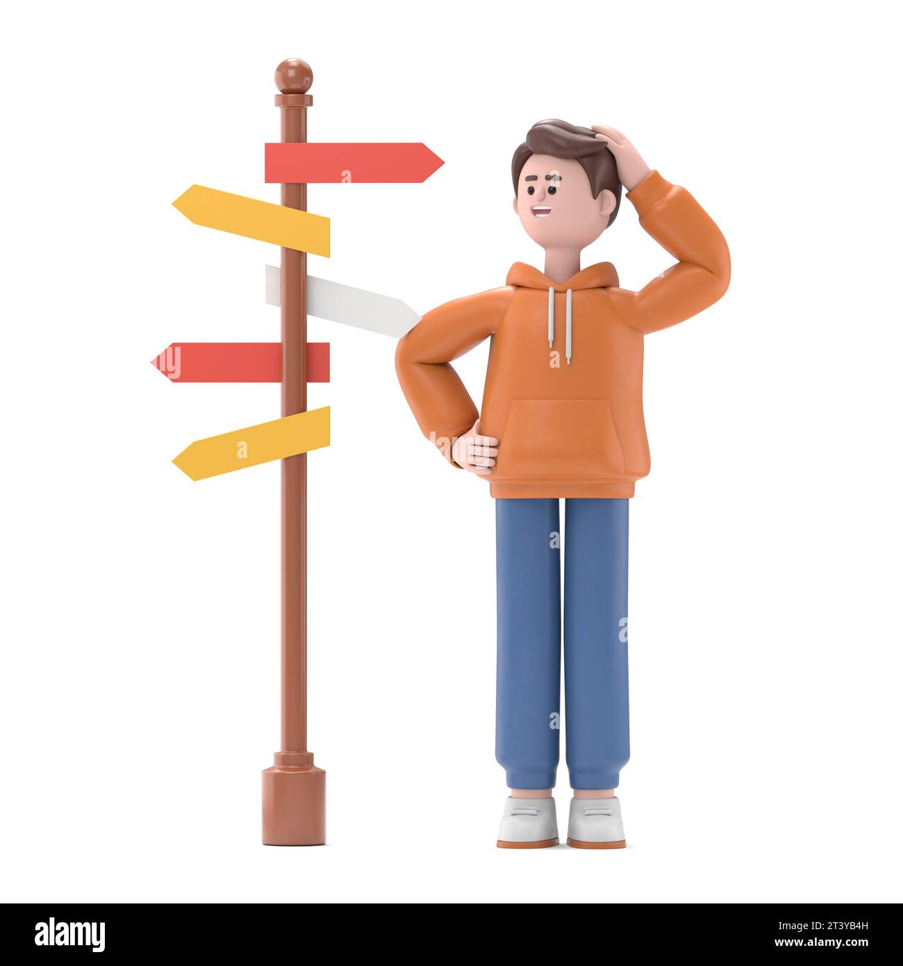 3D illustration of male guy Qadir standing at a crossroad and looking ...