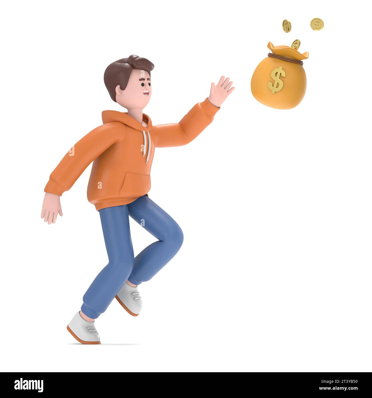 3D illustration of male guy Qadir chasing a bag of money. 3D rendering ...