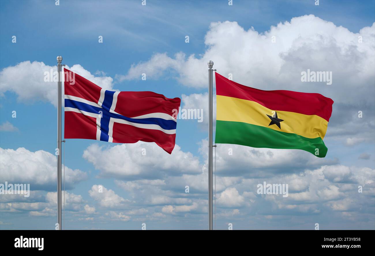 Ghana and Norway flags waving together on blue cloudy sky, two country relationship concept ...