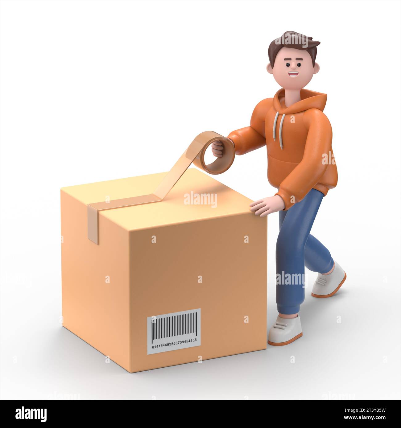 3D illustration of male guy Qadir packing box.3D rendering on white ...