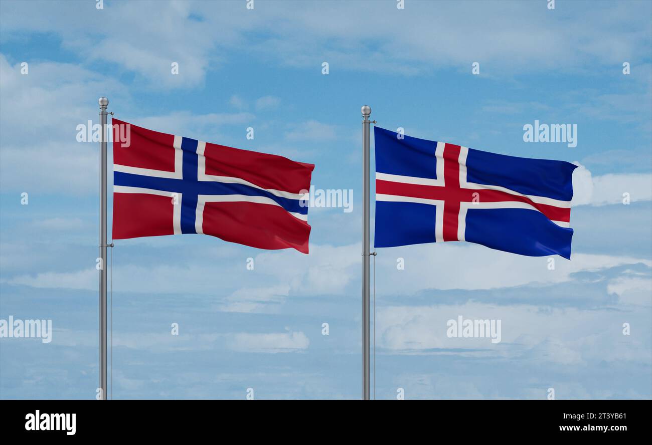 Iceland and Norway flags waving together in the wind on blue cloudy sky ...