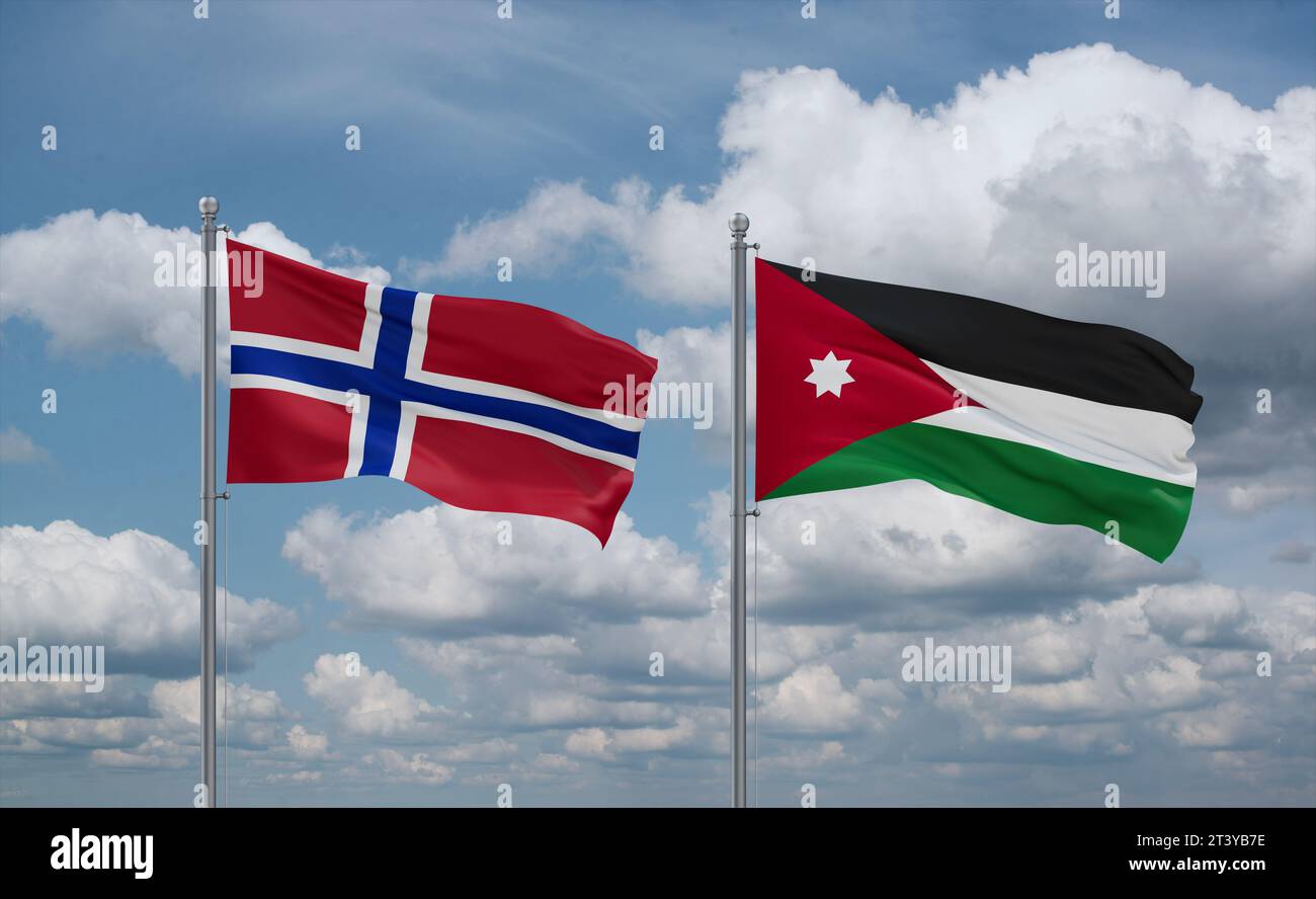 Jordan and Norway flags waving together in the wind on blue cloudy sky ...