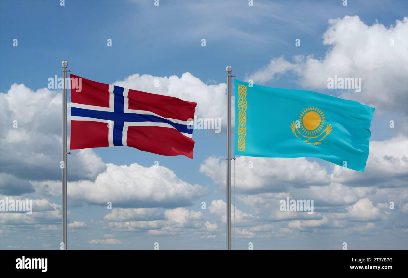Kazakhstan and Norway flags waving together in the wind on blue cloudy sky, two country ...