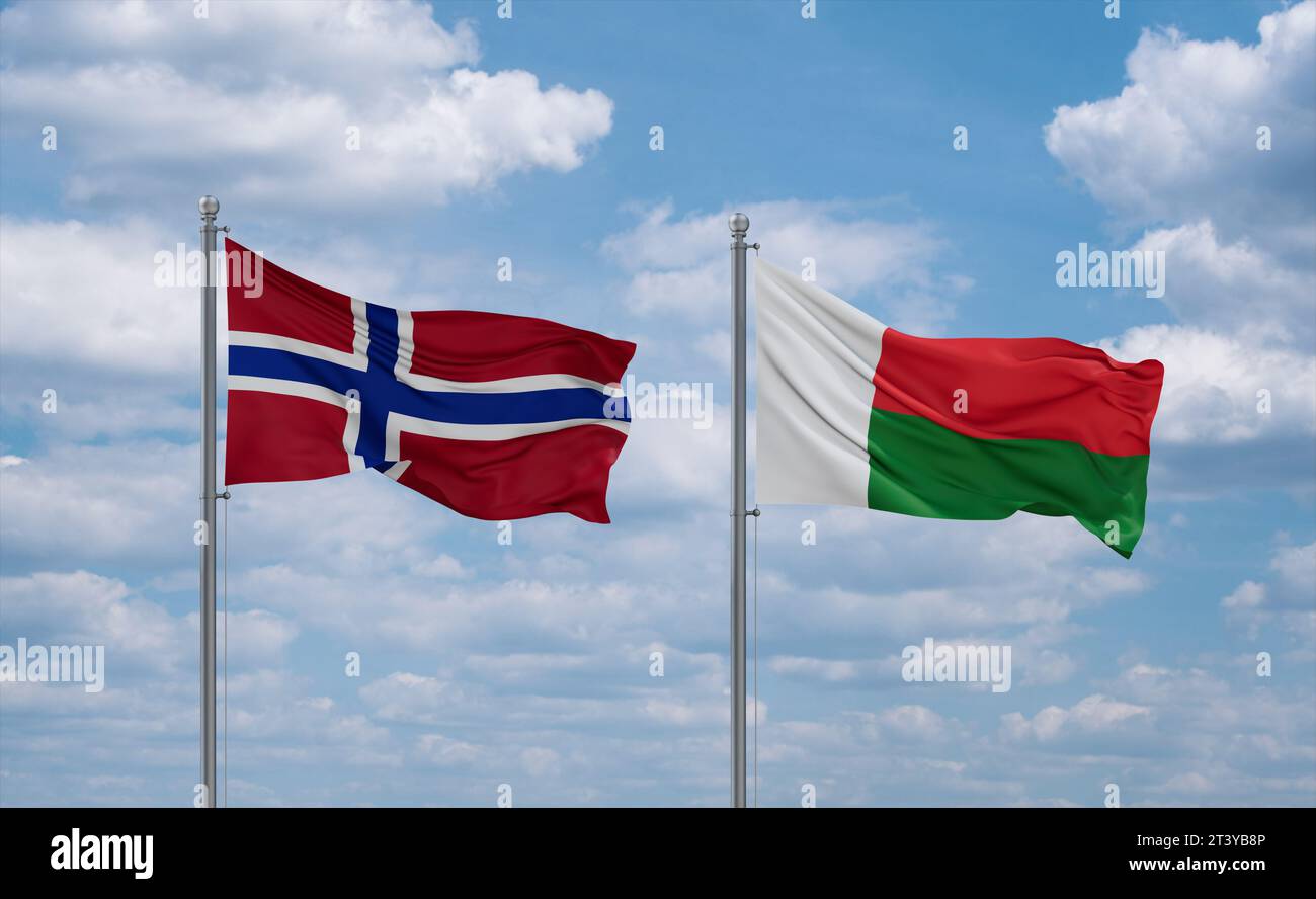 Madagascar and Norway flags waving together on blue cloudy sky, two country relationship concept ...