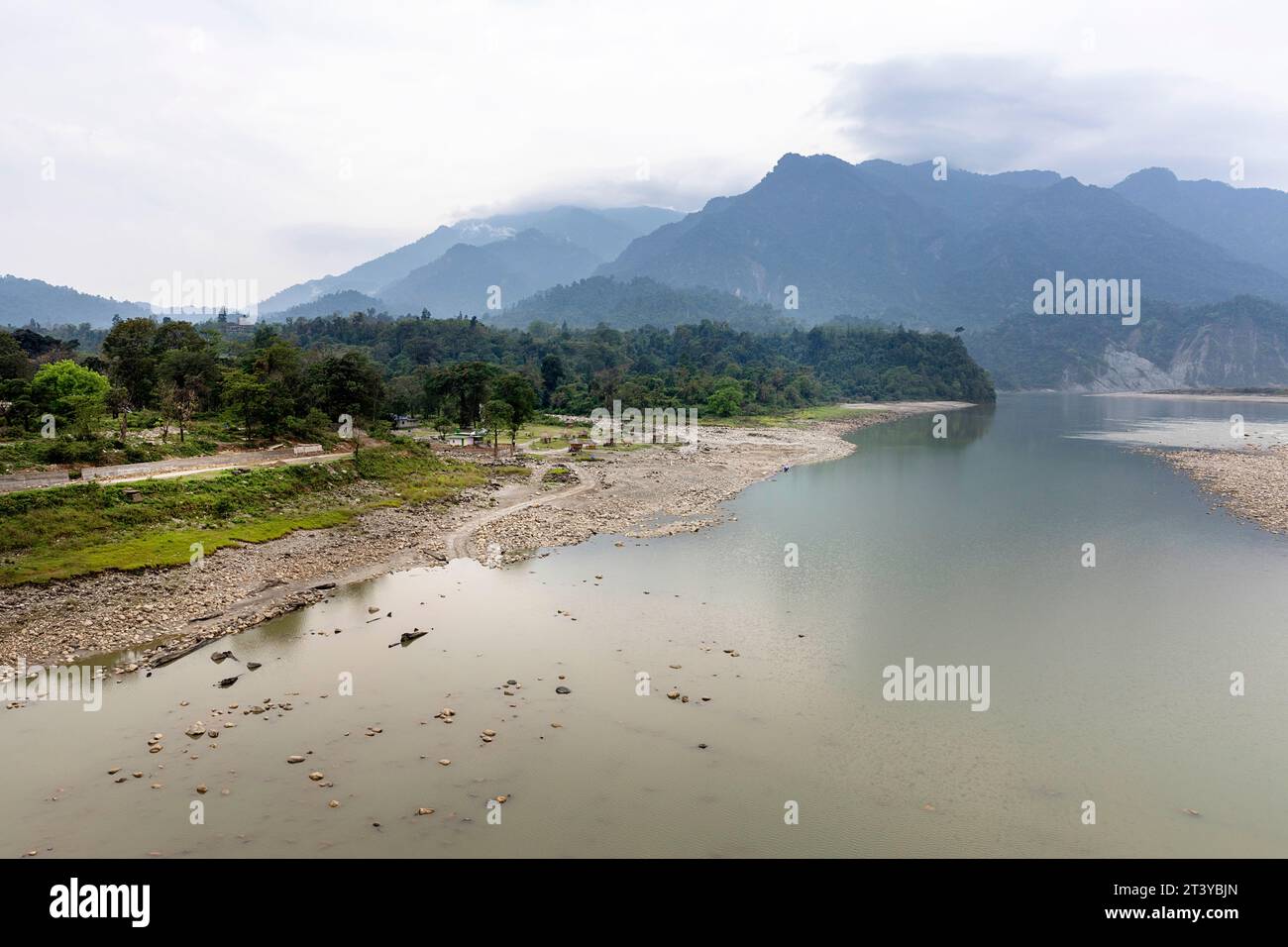 View from Reneghat bridge over Brahmaputra river coming from mountains ...