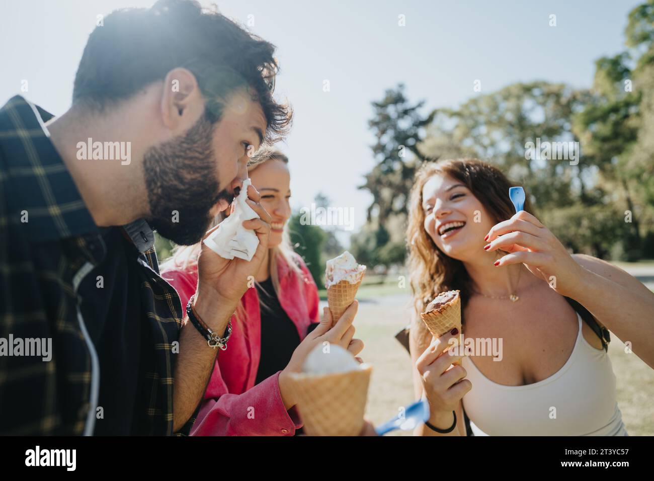 Three friends joyful moment of positive energy and freedom during their ...