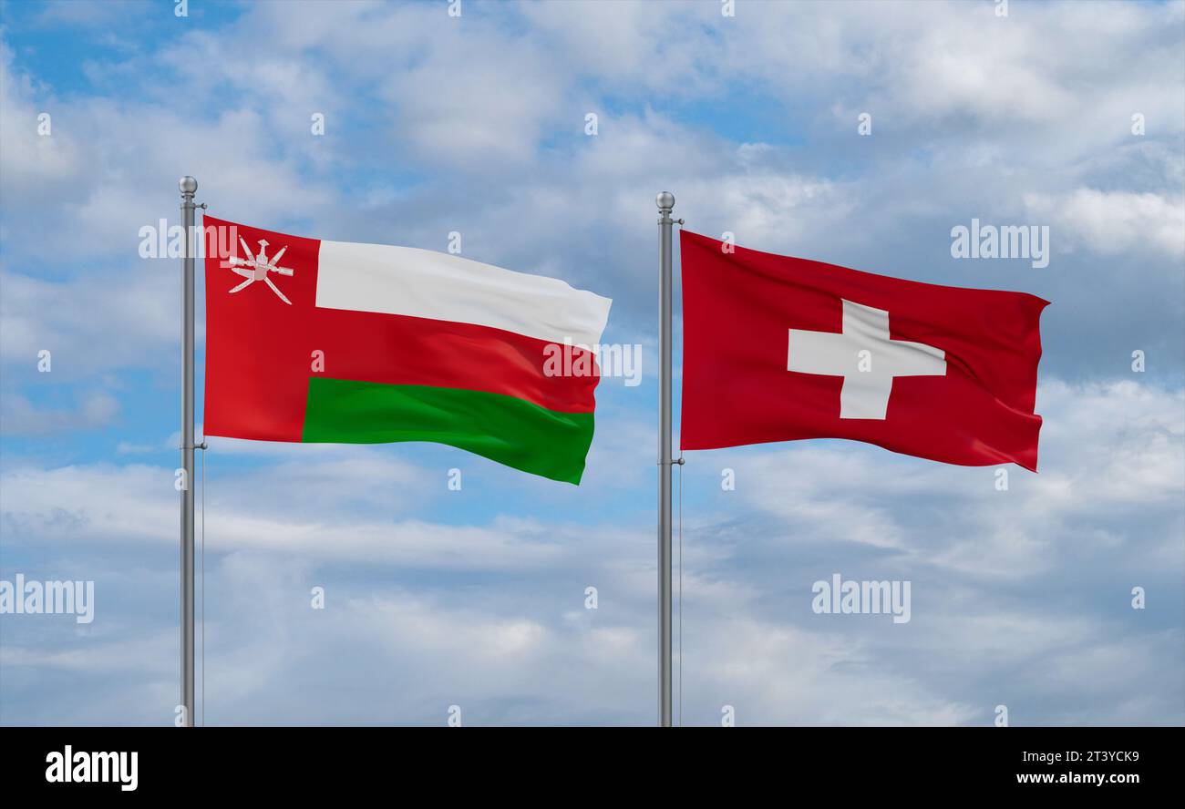 Switzerland and Oman flags waving together in the wind on blue cloudy ...