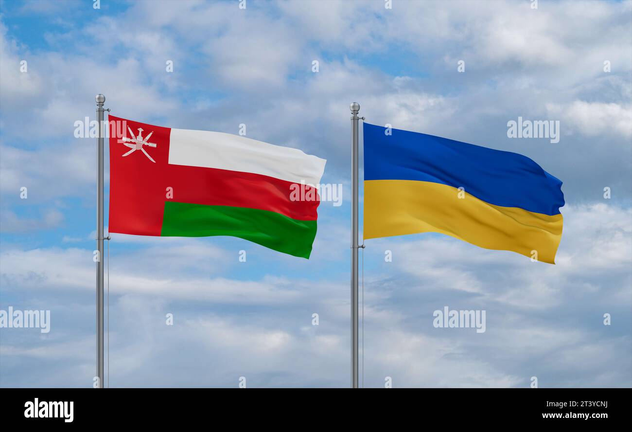 Ukraine and Oman flags waving together in the wind on blue cloudy sky ...