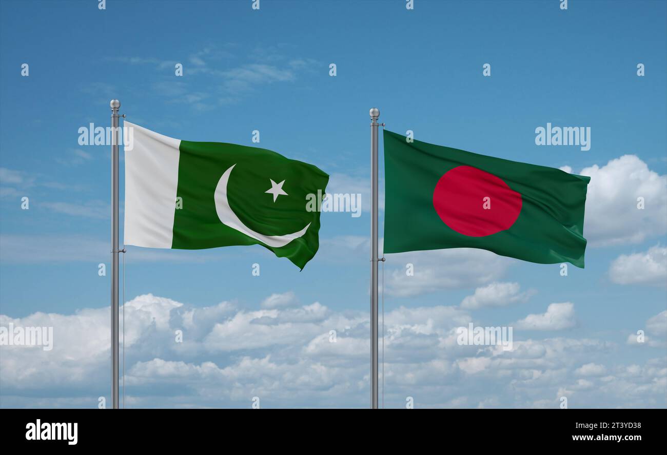 Bangladesh and Pakistan flags waving together on blue cloudy sky, two ...