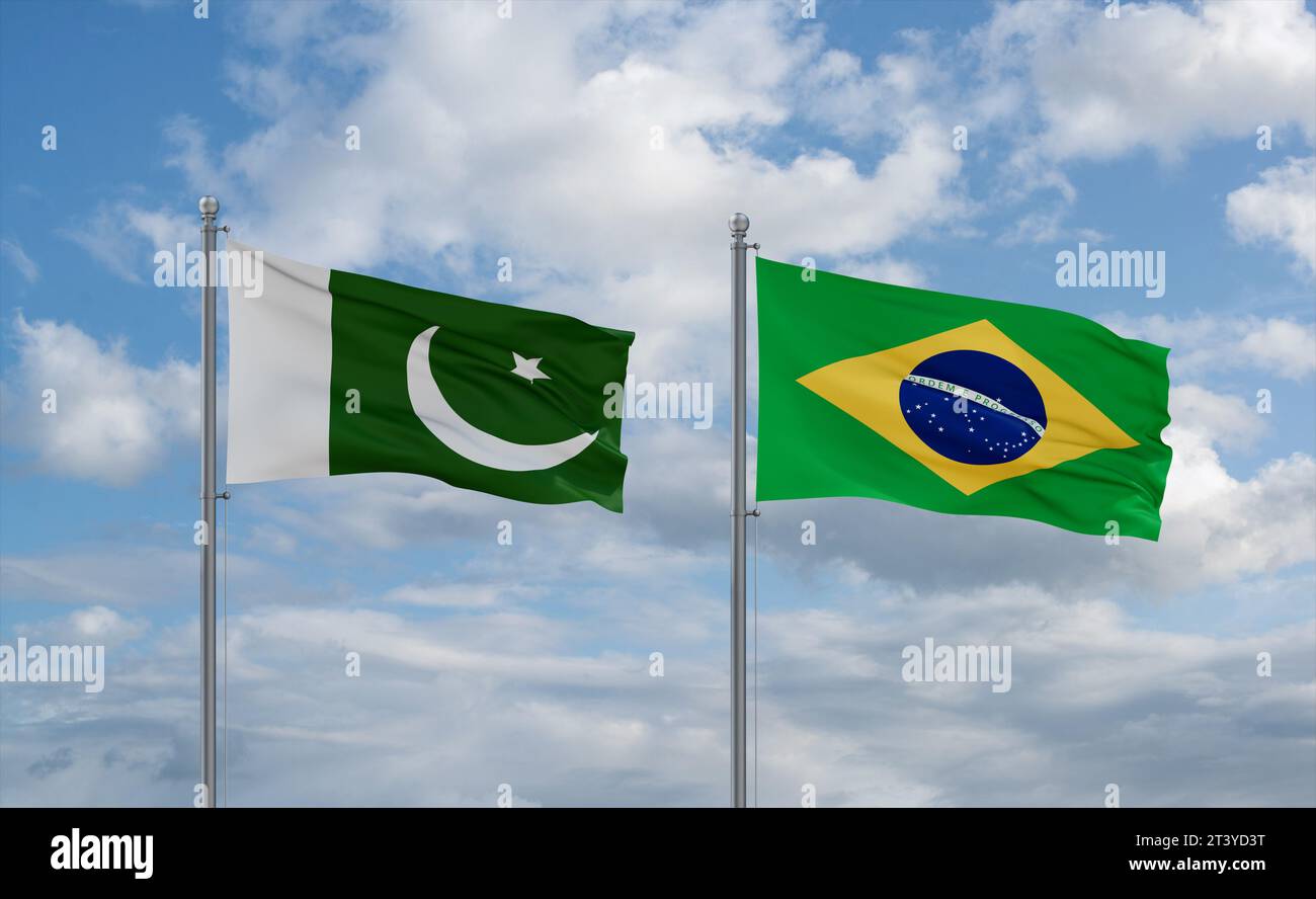Brazil and Pakistan flags waving together on blue cloudy sky, two ...