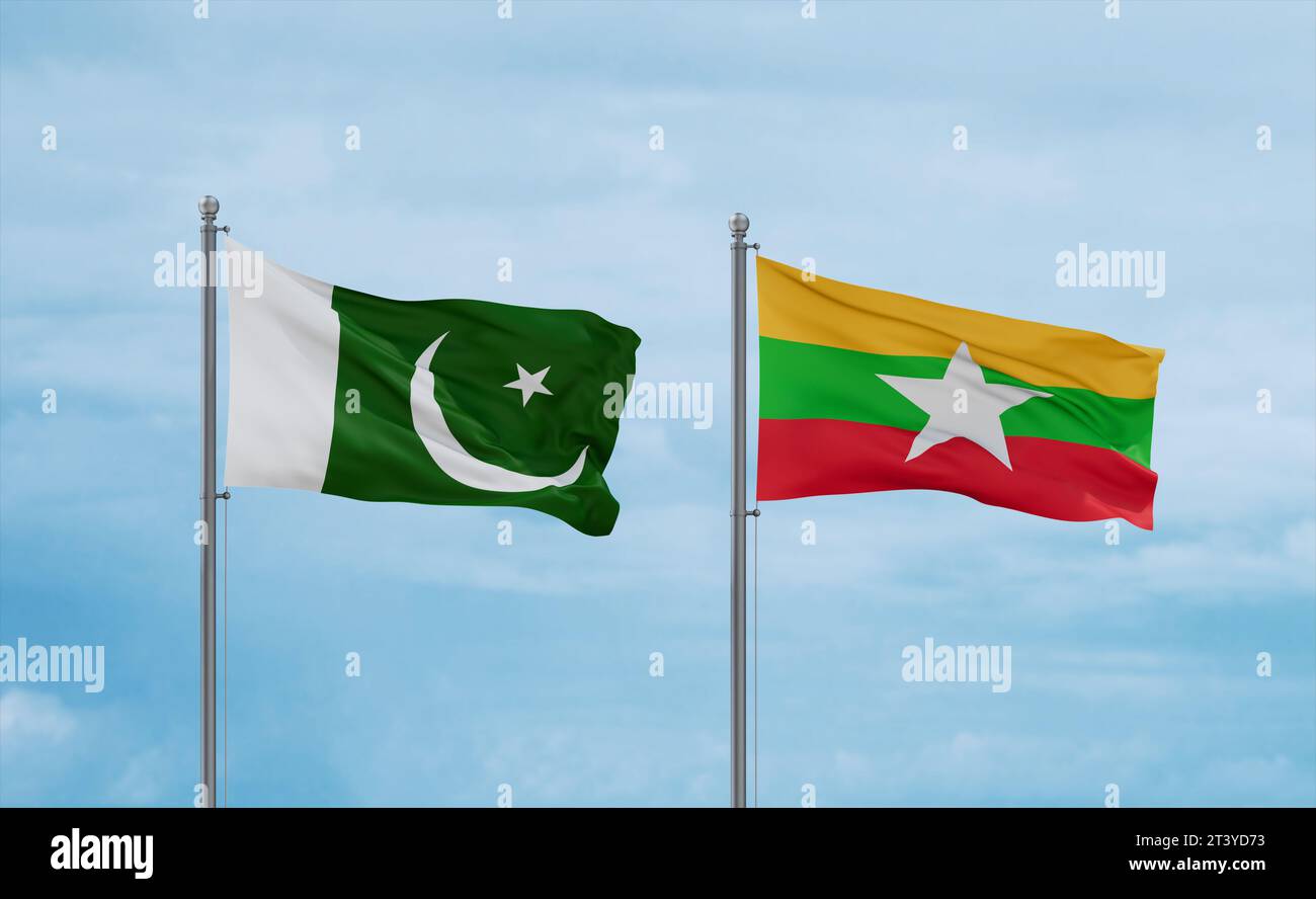 Myanmar aka Burma and Pakistan flags waving together on blue cloudy sky ...