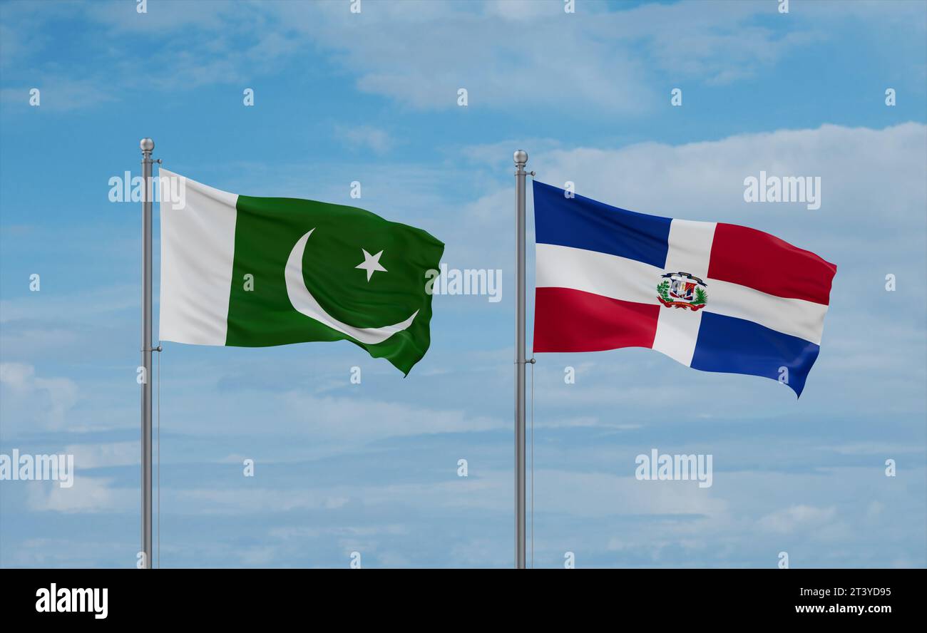 Dominican Republic and Pakistan flags waving together on blue cloudy ...