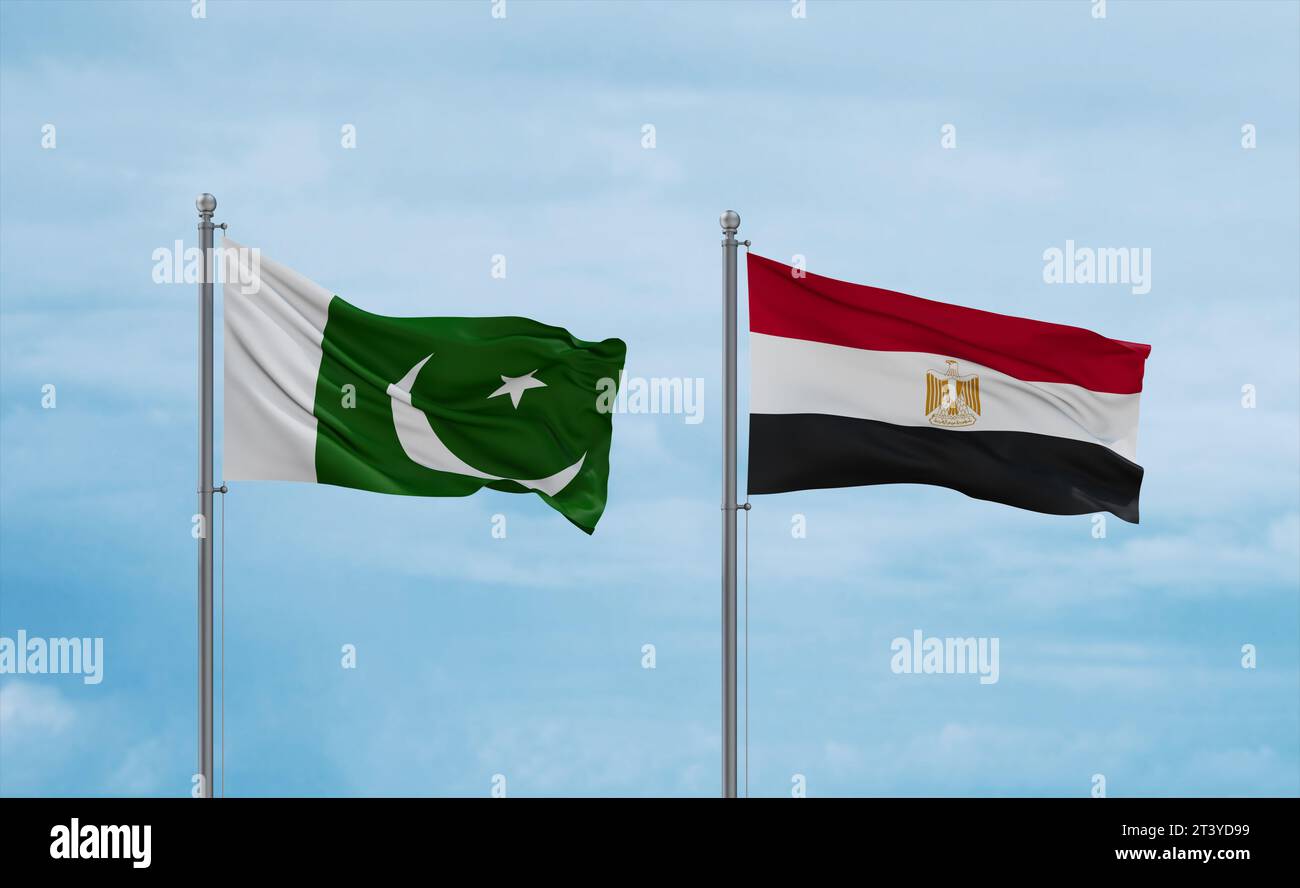 Egypt and Pakistan flags waving together on blue cloudy sky, two ...
