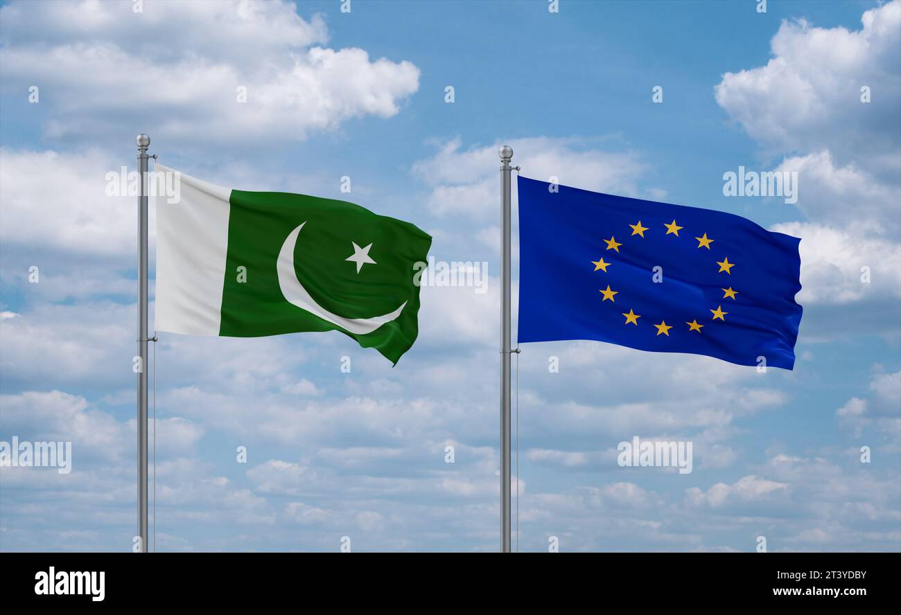 European Union and Pakistan flags waving together in the wind on blue ...