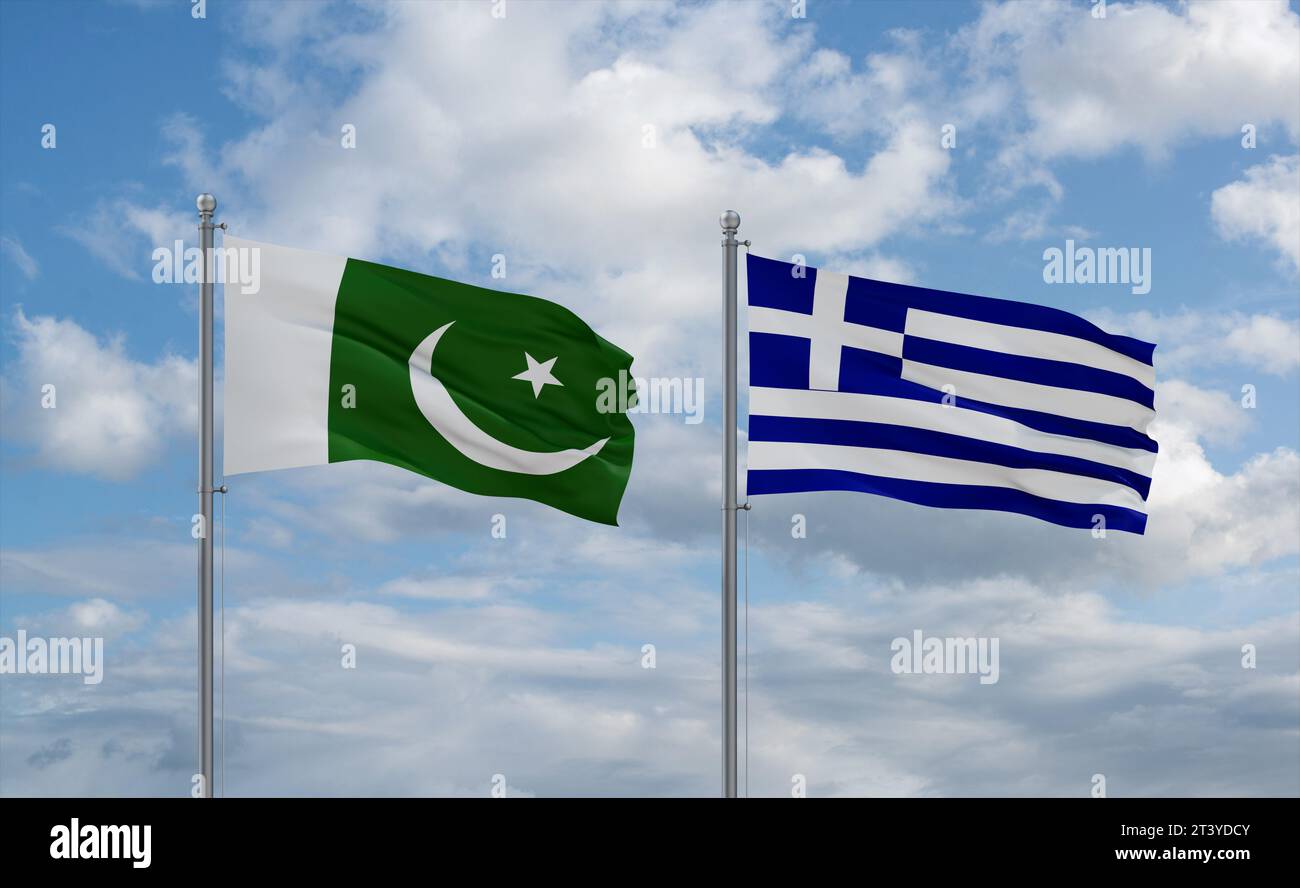 Greece and Pakistan flags waving together on blue cloudy sky, two ...