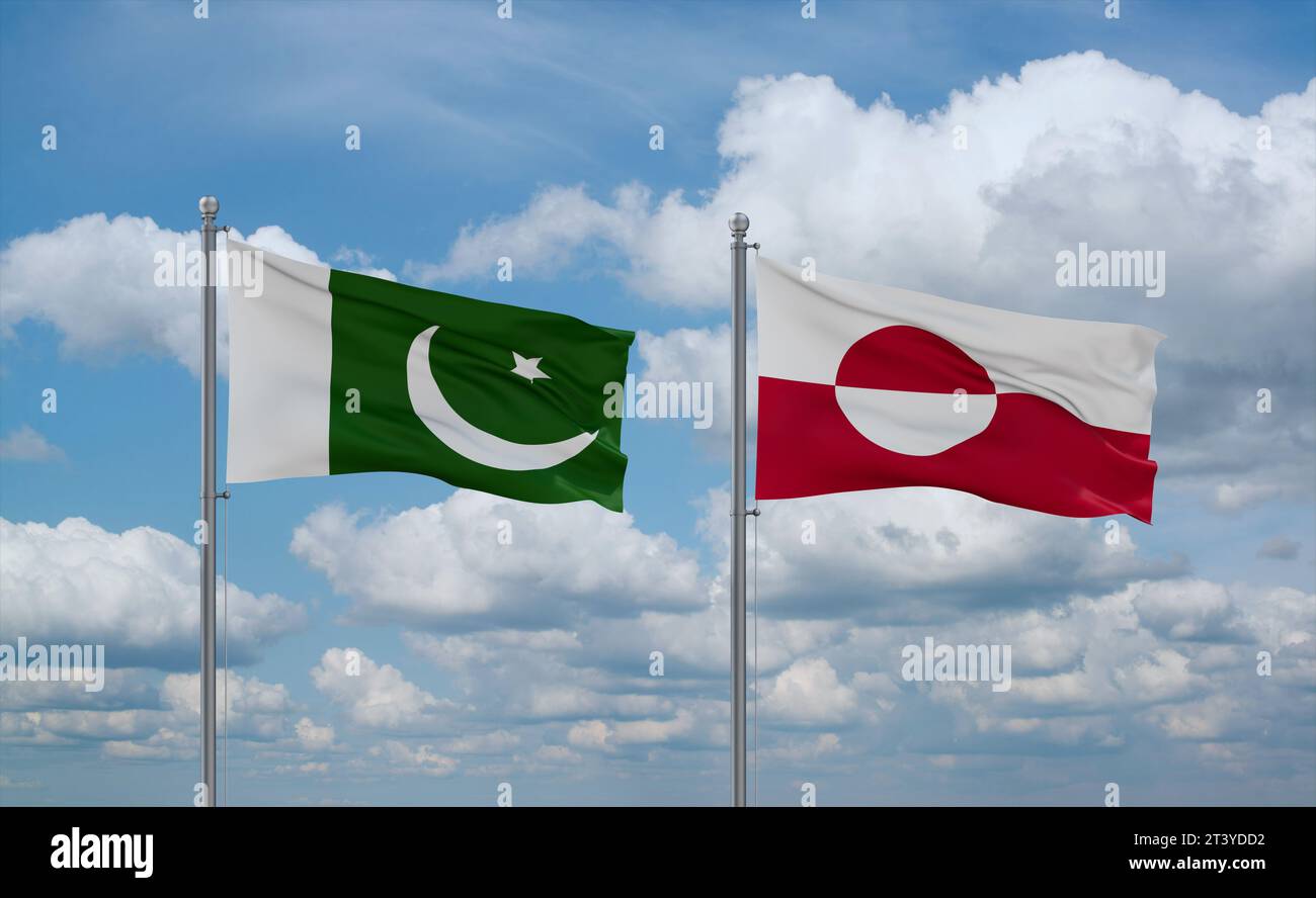 Greenland and Pakistan flags waving together on blue cloudy sky, two country relationship ...