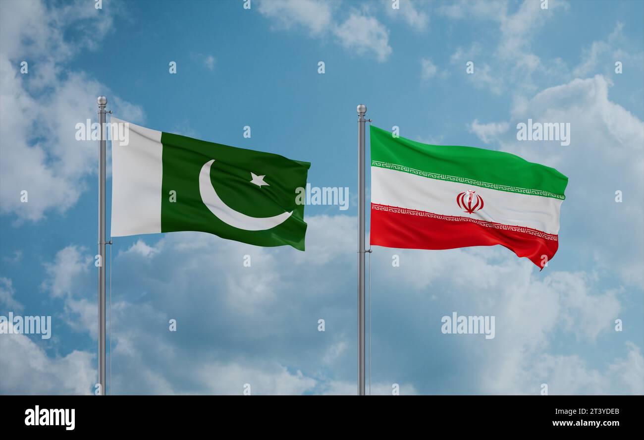 Iran and Pakistan flags waving together on blue cloudy sky Stock Photo ...