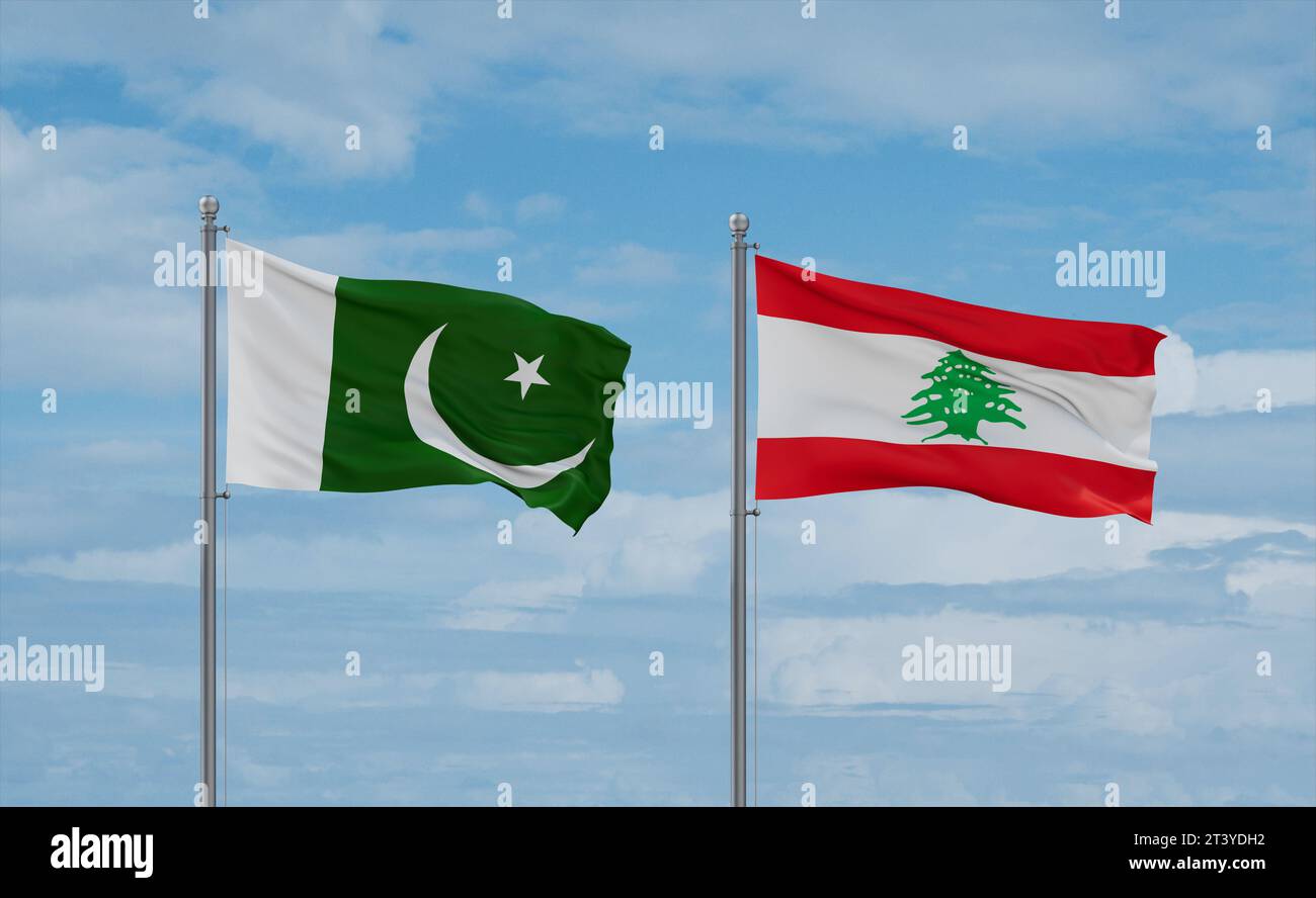 Lebanon and Pakistan flags waving together in the wind on blue cloudy ...