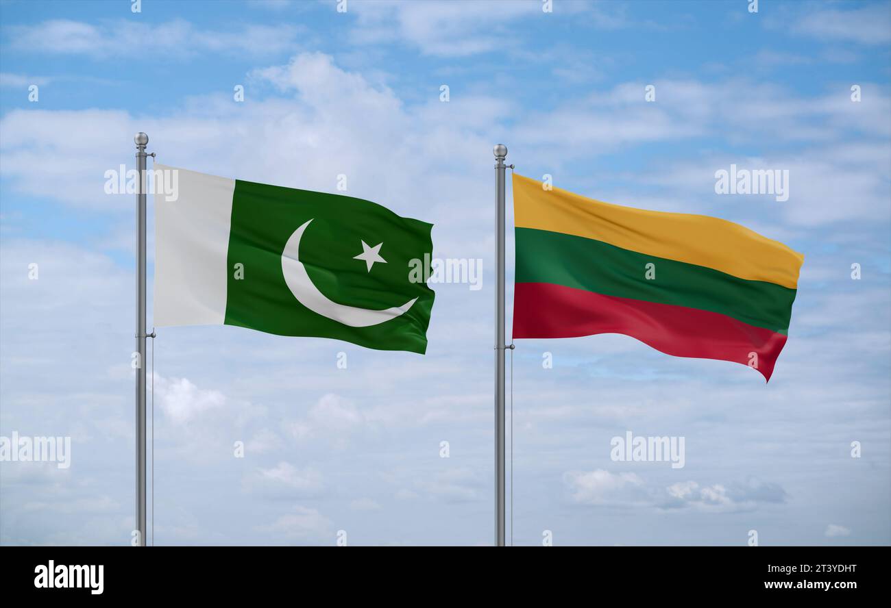 Lithuania and Pakistan flags waving together on blue cloudy sky, two country relationship ...