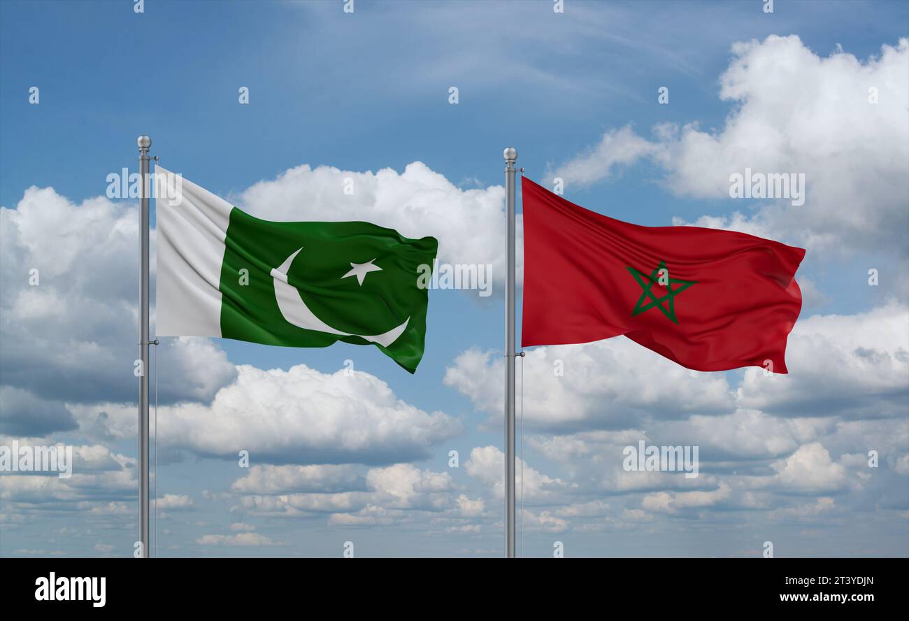 Morocco and Pakistan flags waving together on blue cloudy sky, two ...