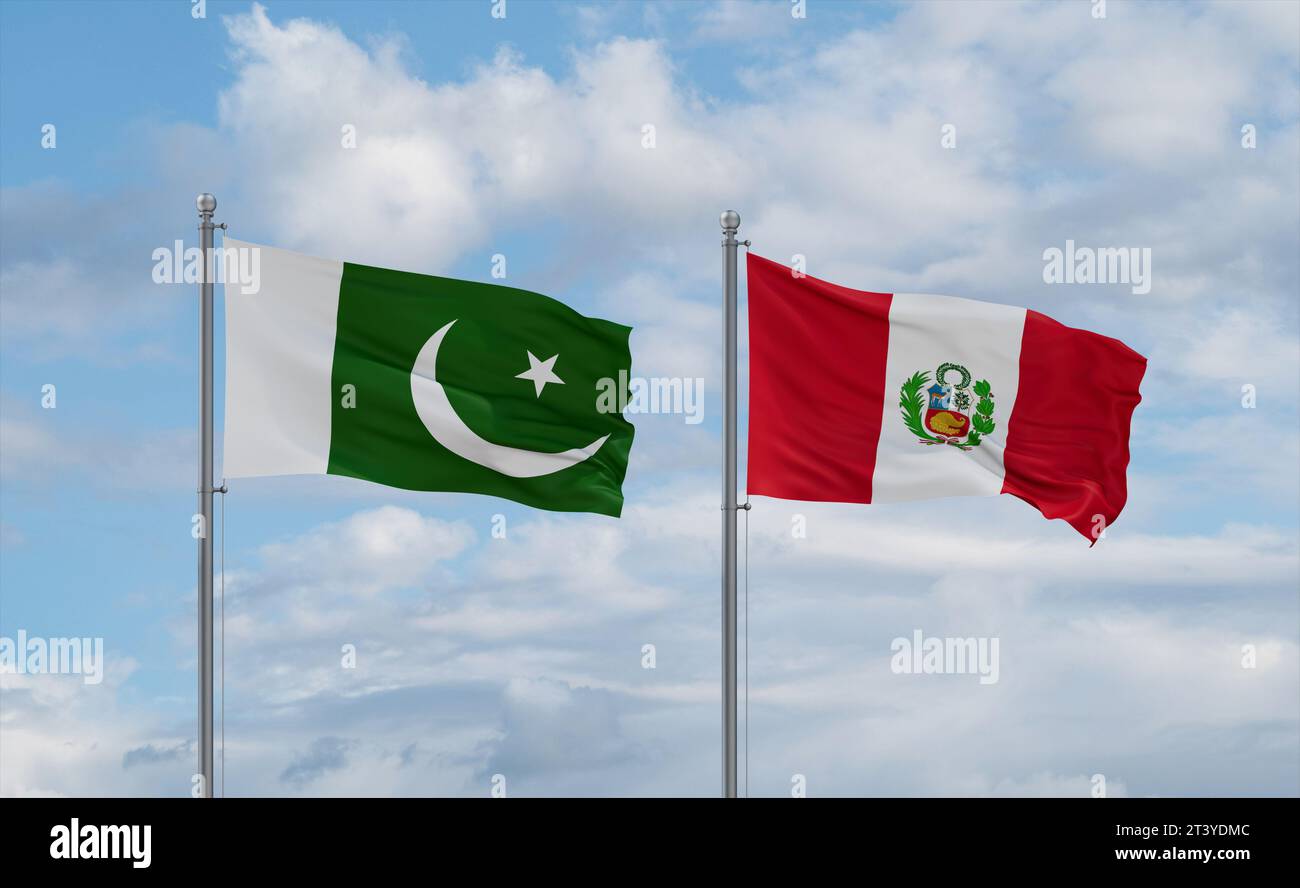 Peru and Pakistan flags waving together in the wind on blue cloudy sky ...