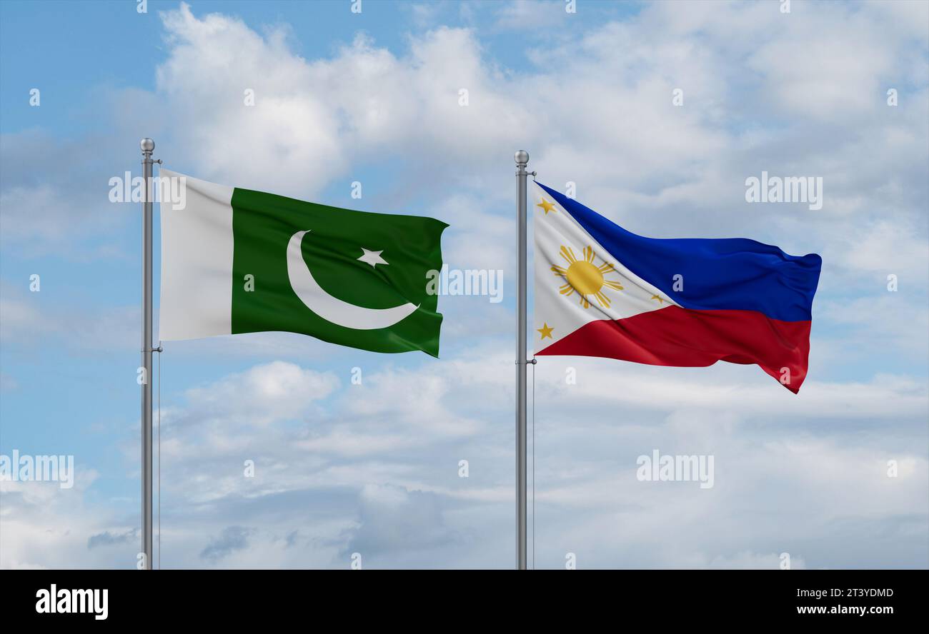 Philippines and Pakistan flags waving together in the wind on blue ...
