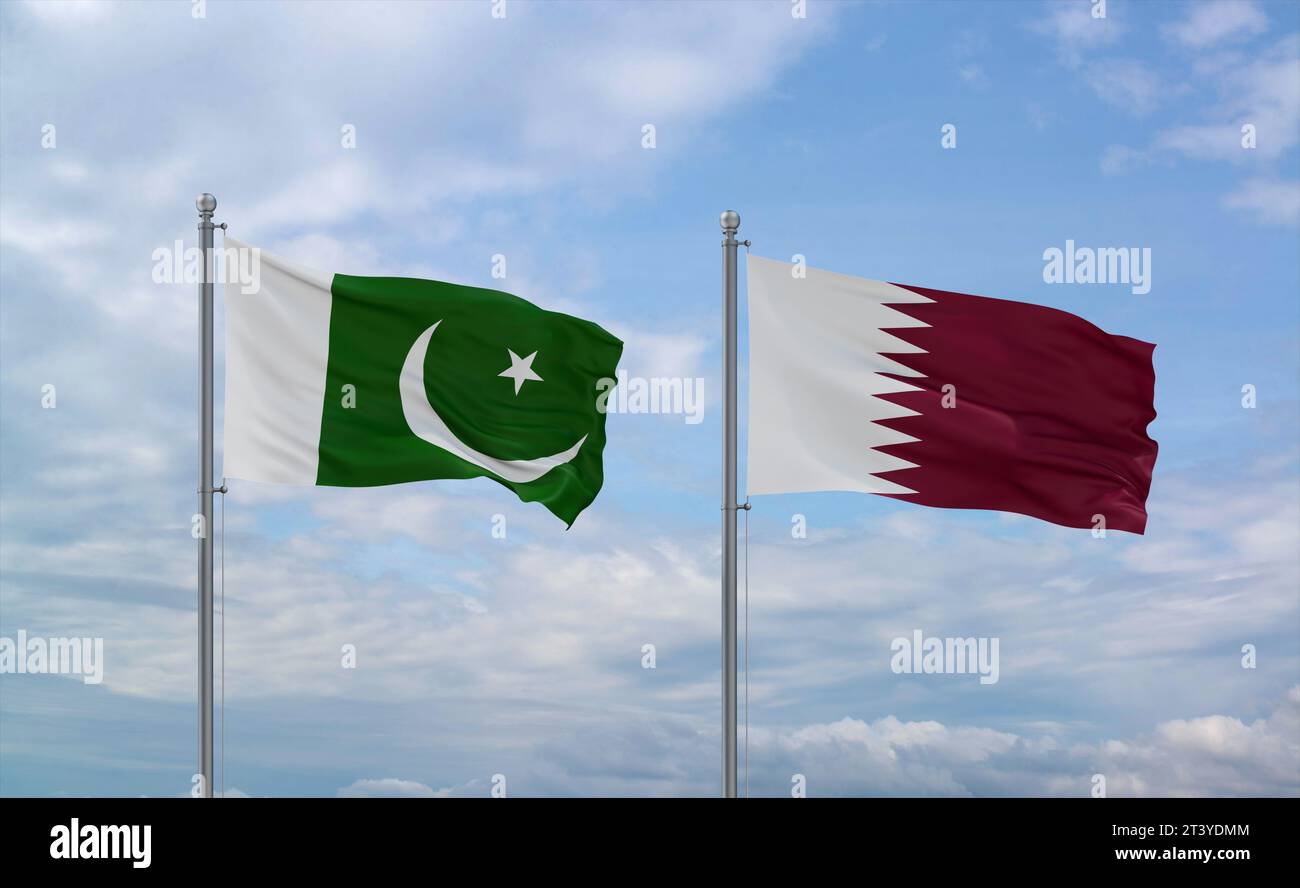 Qatar and Pakistan flags waving together in the wind on blue cloudy sky ...