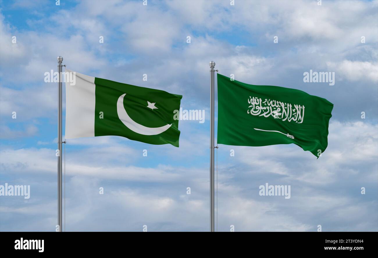 Pakistan and Saudi Arabia flags waving together in the wind on blue ...