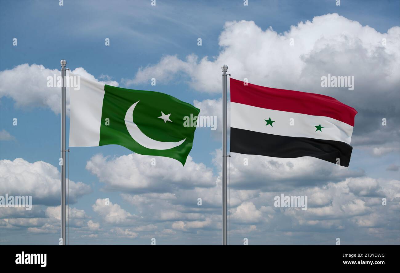 Syrian Arab Republic, Syria and Pakistan flags waving together in the ...