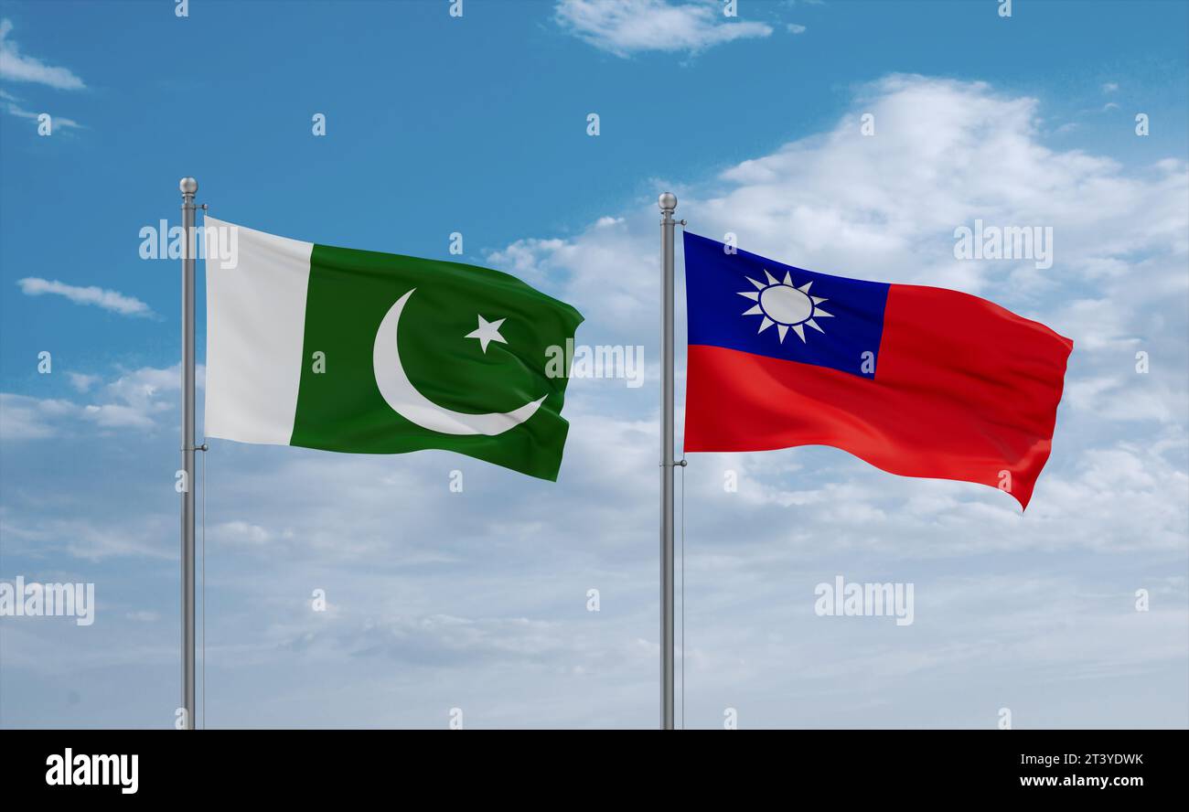 Taiwan and Pakistan flags waving together in the wind on blue cloudy ...