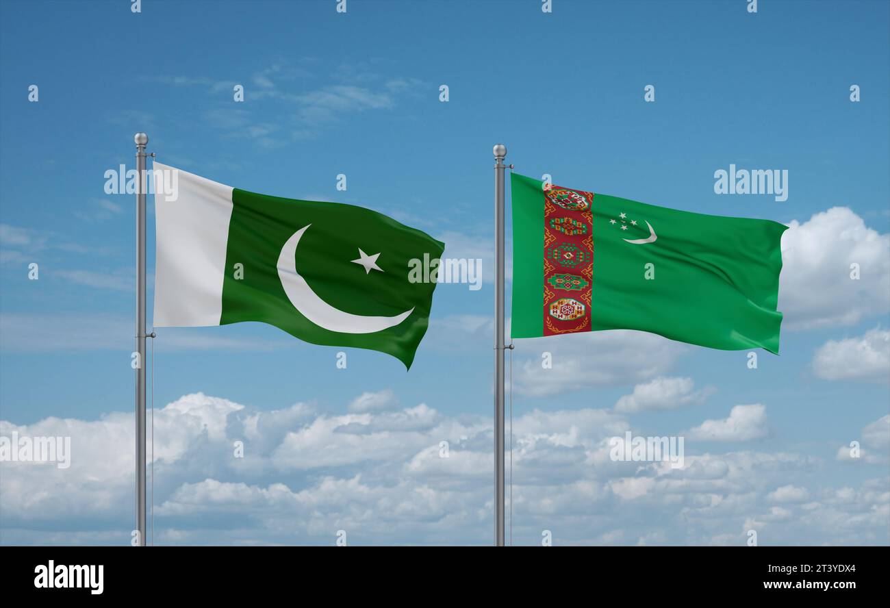Turkmenistan and Pakistan flags waving together in the wind on blue ...